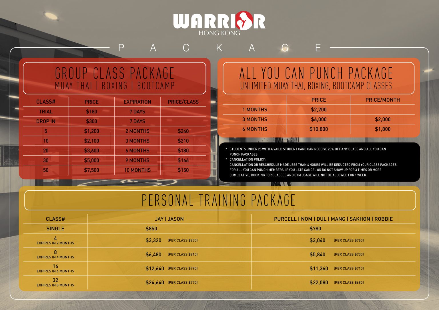 Pricing & Schedule – Warrior Hong Kong